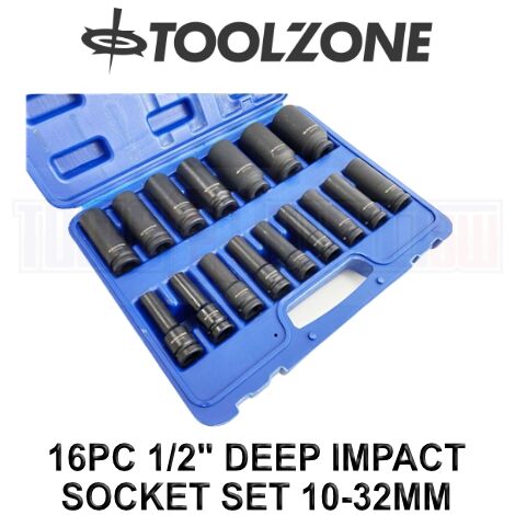 Toolzone 16PC 1/2 DR 6 Point Deep Impact Socket Set 10 - 32mm SS244