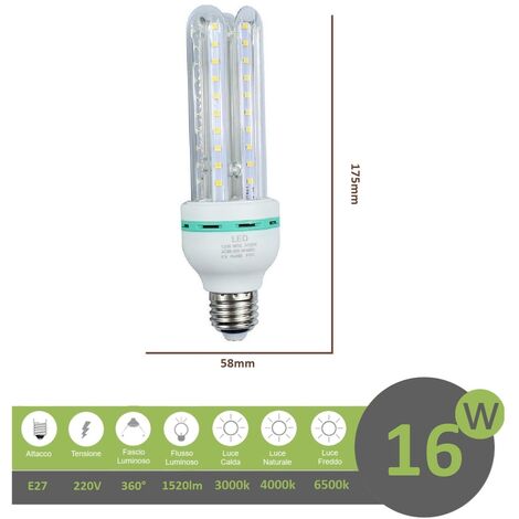 Lampadina led E27 16w 4U luce tubolare tubo attacco grande lineare bianca fredda naturale calda ...