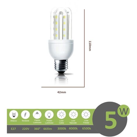 Lampadina led E27 5w 3U luce tubolare tubo attacco grande lineare bianca fredda naturale calda ...