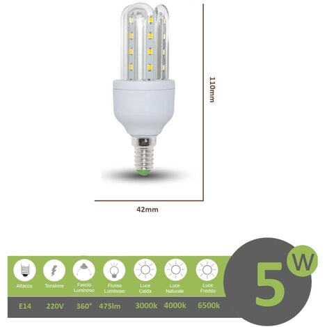 Lampadina led E14 5w 3U luce tubolare tubo attacco piccolo lineare bianca fredda naturale calda ...