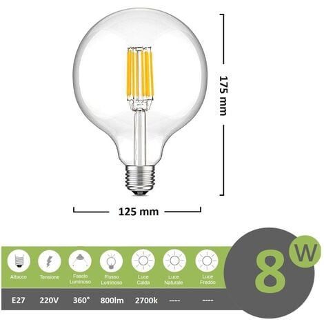 Lampadina led filamento G125 8w attacco grande E27 globo sfera palla trasparente luce calda 2700k