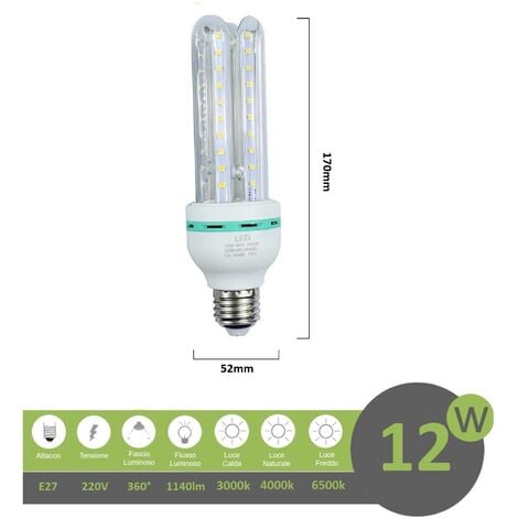 Lampadina led E27 12w 3U luce tubolare tubo attacco grande lineare bianca fredda naturale calda ...