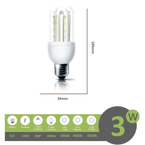 Lampadina led E27 3w 2U luce tubolare tubo attacco grande lineare bianca fredda naturale calda ...