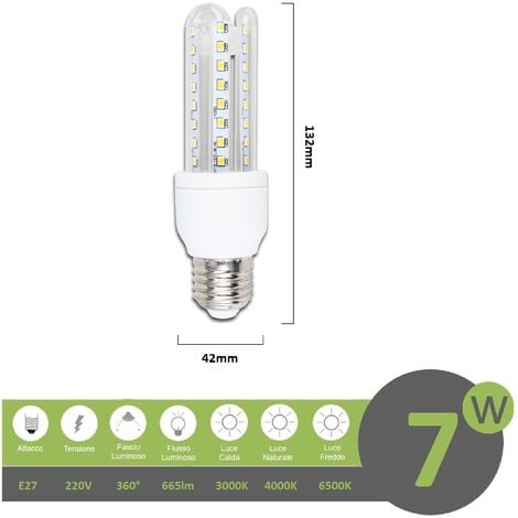 Lampadina led E27 7w 3U luce tubolare tubo attacco grande lineare bianca fredda naturale calda ...