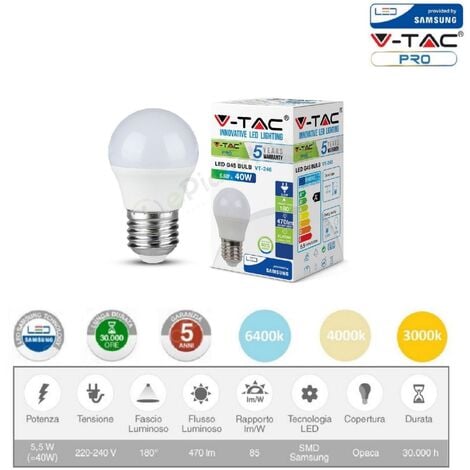 V-TAC PRO Lampadina led 5,5w G45 mini globo attacco grande E27 copertura opaca luce fredda ...