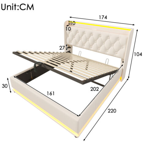 Cama tapizada cama doble, función LED envolvente 360, pulsador ...