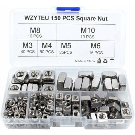 150 pcs Square Nut, 304 Stainless Steel Square Nut Kit for Home Industrial and Construction ...