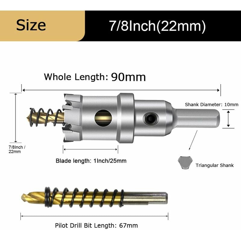 22mm Tungsten Carbide Hole Saw TCT Hole Saw Drill Bit with 1 Titanium Plated Pilot Drill Bits for Stainless Steel Sheet Metal