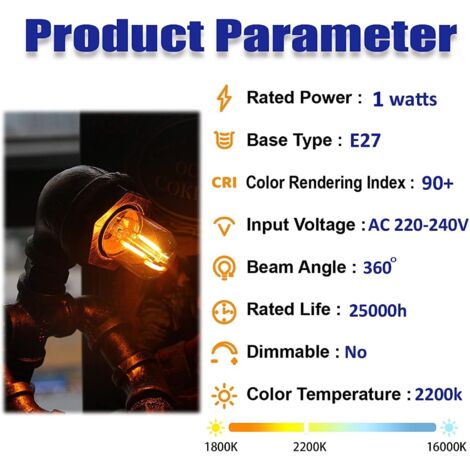 Mini Tubular LED Light Bulb, 1W T28 Edison LED Filament Bulb E27 Screw ...