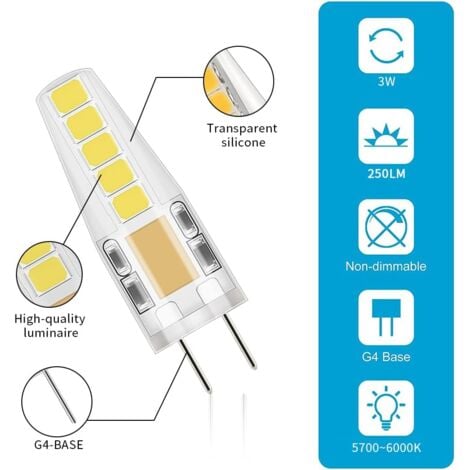 5X G4 LED Bulb 3W Cool White, 3W LED Equivalent 23W Halogen Bulb, 36mm ...