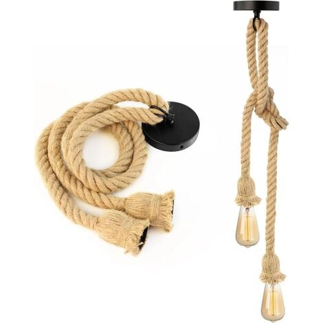 Hemp Rope Chandelier Double Head Hanging Industrial Pendant Light Retro ...
