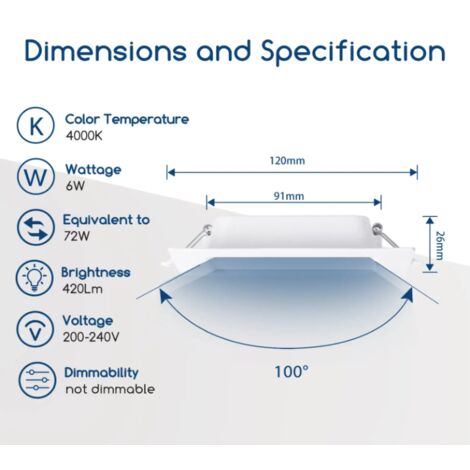LED Downlight, 6W Equivalent to 72W, 6500K Cool White Light, White, LED ...