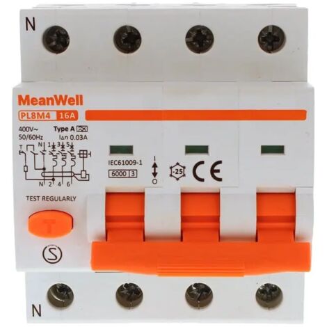 Disyuntor diferencial MeanWell tipo A, curva C, 3P+N, 4M, 6 kA, 30 mA, C16 A, CA 400 V