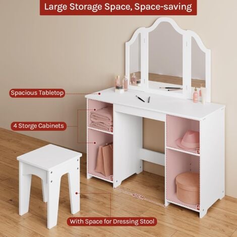 WOLTU Kids Dressing Table Stool Vanity Set With Mirror Storage Kids Bedroom Furniture for Girls Boys White