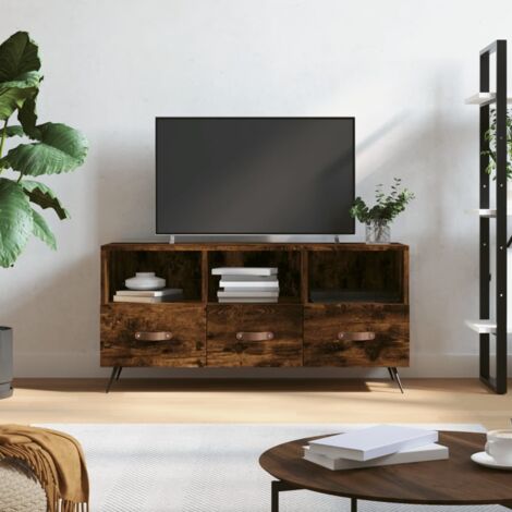 Meuble TV-Banc TV-Meuble Télé chêne fumé 102x36x50 cm bois d'ingénierie ...