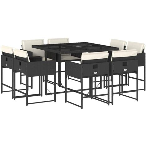 Grande table de jardin avec 8 fauteuils encastrables en rotin noir ...
