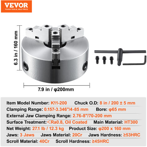 VEVOR Mandrin de Tour a 3 Machoires 200 mm Mandrin de Tour a 3 Mors ...