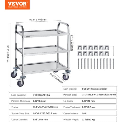 VEVOR Chariot de Laboratoire a 3 Etages Chariot a Service Medical 74x39 ...