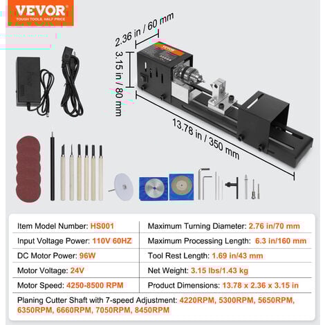 VEVOR Mini Tour a Bois 70x160 mm Tour a Bois Electrique 24 V 96 W ...