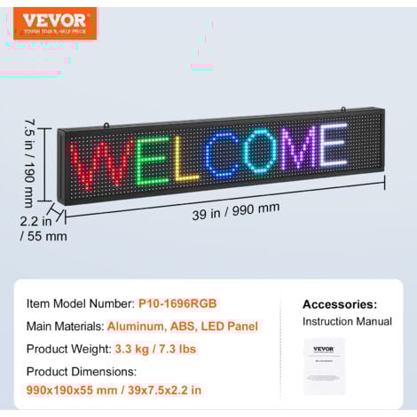 VEVOR Enseigne Lumineuse LED Programmable, Panneau d’Affichage Defilant ...
