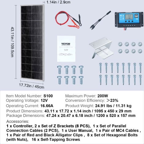 VEVOR Kit Panneau Solaire Monocristallin 200 W Panneaux Solaires 2PCS + Controleur de Charge ...
