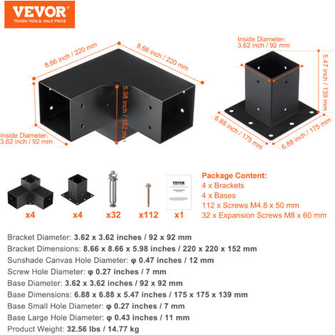 VEVOR Kit Supports de Pergola 4x4 po 10x10 cm Support de Poteau Bois de ...