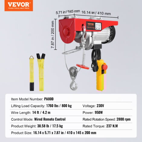 VEVOR Palan Electrique, Charge Double Cable 800 kg, Telecommande Filaire 4,2 m, Hauteur Levage a ...