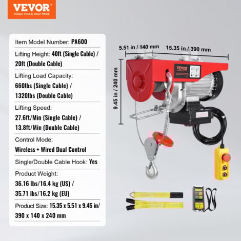VEVOR Palan Electrique, Charge Double Cable 600 kg, Telecommande Filaire 4,2 m et Sans Fil 100 m ...