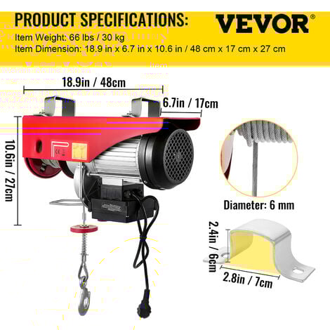VEVOR Treuil a Cable Electrique Capacite 500/1000kg Palan Electrique ...