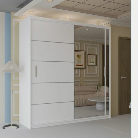 Lyon Double Sliding Door Wardrobe with Full-Length Mirror-White 150cm