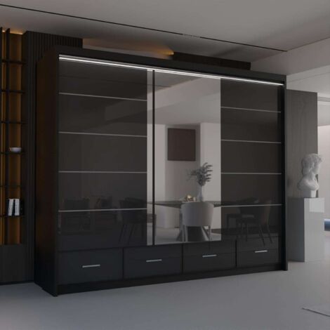 Modern High Gloss Sliding Wardrobe with LED & Mirror - Black255cm