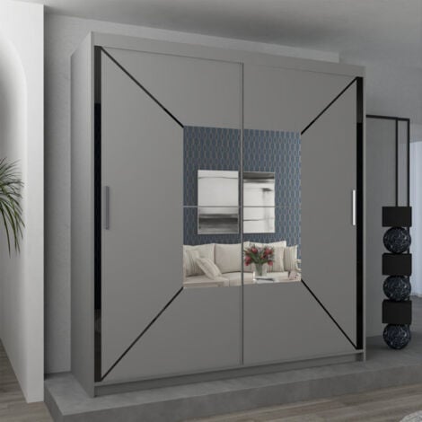 Modern Nicole Stylish Mirror Double Door Sliding Wardrobe 203cm - Grey