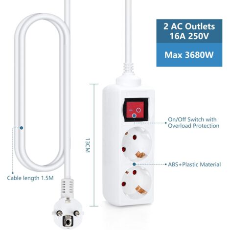 Steckdosenleiste 2 Steckdosen Stromverlängerung 3g1,0m㎡ 1,5m Kabel und ...