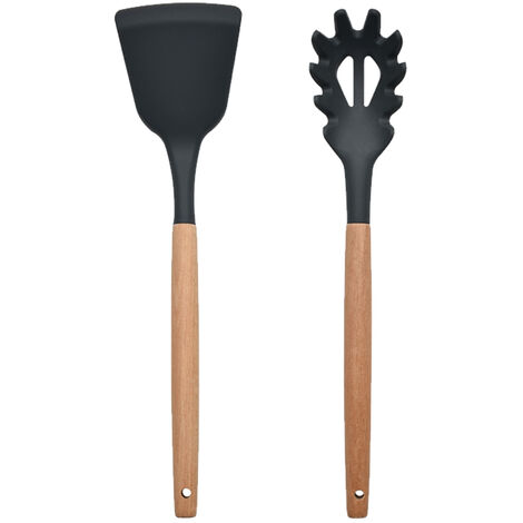 2Pc Non Stick Silicone Utensil Set with Rounded Wood Handles for ...