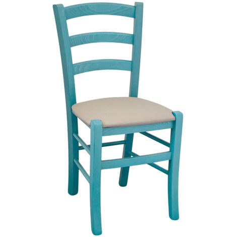 Silla de madera Venezia turquesa con asiento en piel sintética gris tórtola