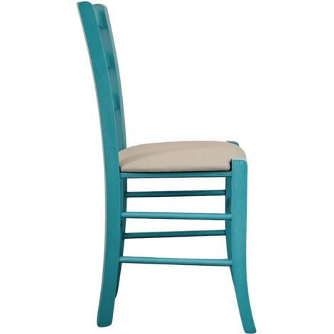 Silla de madera Venezia turquesa con asiento en piel sintética gris tórtola