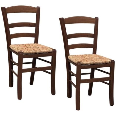 Silla country de madera de nogal oscuro con asiento de paja de arroz x 2