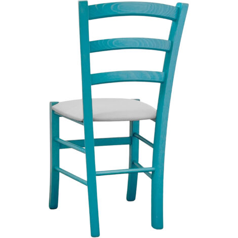 Silla de madera Venezia turquesa con asiento en piel sintética gris claro