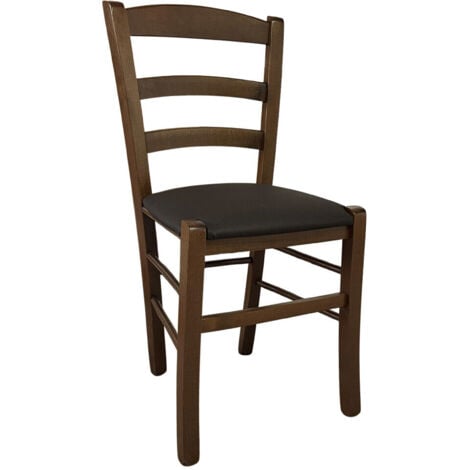 Silla country de madera de nogal oscuro con asiento tapizado marrón