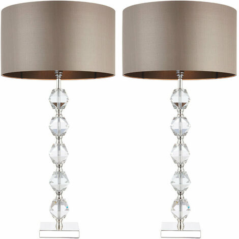 2 PACK Glass Table Lamp Light Silver Crystal & Taupe Shade Square Base ...