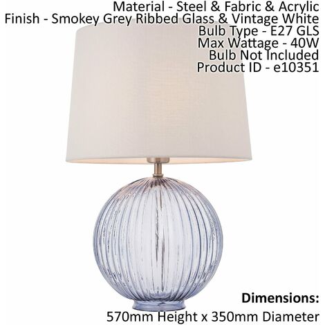 Table Lamp Smokey Grey Ribbed Glass & Vintage White Linen 40W E27 GLS