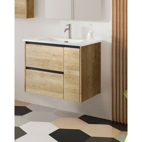 Mueble Baño Suspendido con Lavabo Cerámico 2 cajones y Puerta Lateral con Cierre Amortiguado y ...