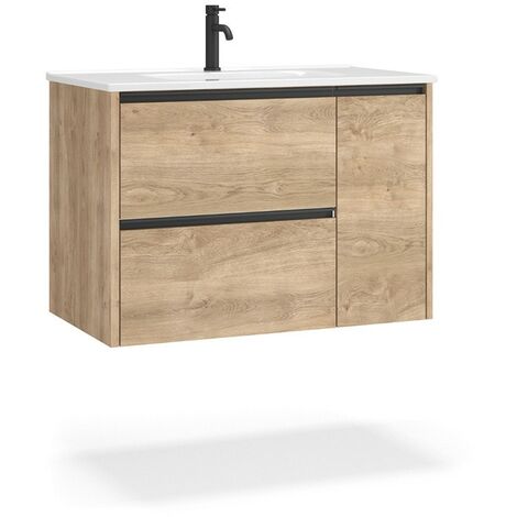 Mueble Baño Suspendido con Lavabo Cerámico 2 cajones y Puerta Lateral con Cierre Amortiguado y ...