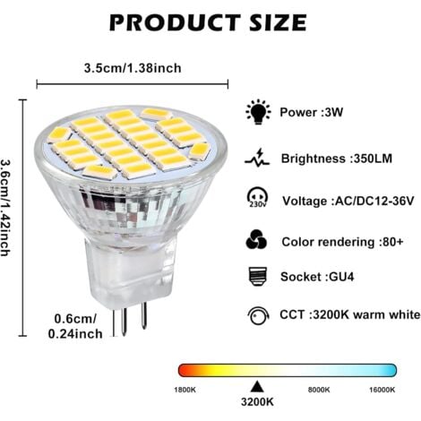 MR11 GU4 LED 3W Lumière blanche positive 6500K, Non dimmable, Ampoules LED Spot GU4, Équivalent ...