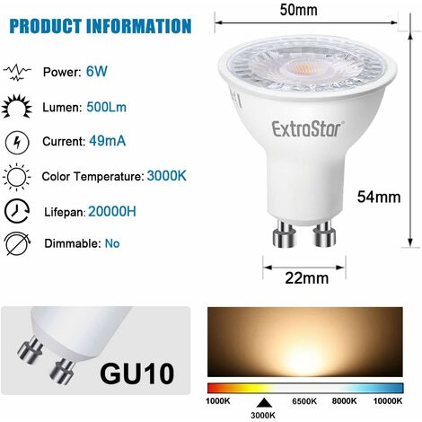 Lot de 5 ampoules LED GU10 6 W (équivalent à 60 W), Blanc Chaud 3000K ...