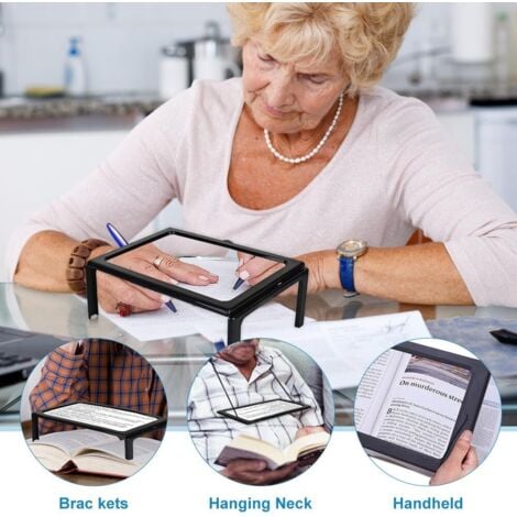 Loupe de Lecture, 3X Grossissement A4 Rectangulaire Loupe Eclairante avec 4 Lumineuse LED Grande ...