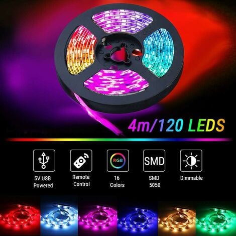 Ruban LED 4M, Bande LED Lumineuse USB Couleur Néon 120LEDS Et 16RGB ...