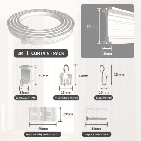 3 Mètres Rail de Rideau Plafond, Kit de Rail Rideau Flexible Pliable en ...