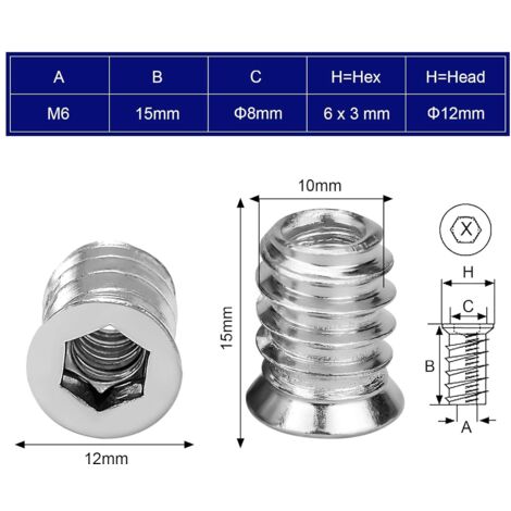 100PCS Insert Fileté Bois Ecrou Hexagonal M6 x 15 mm Insert a Visser en ...