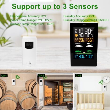 Station météo sans fil avec capteur extérieur, affichage numérique multifonction couleur radio ...